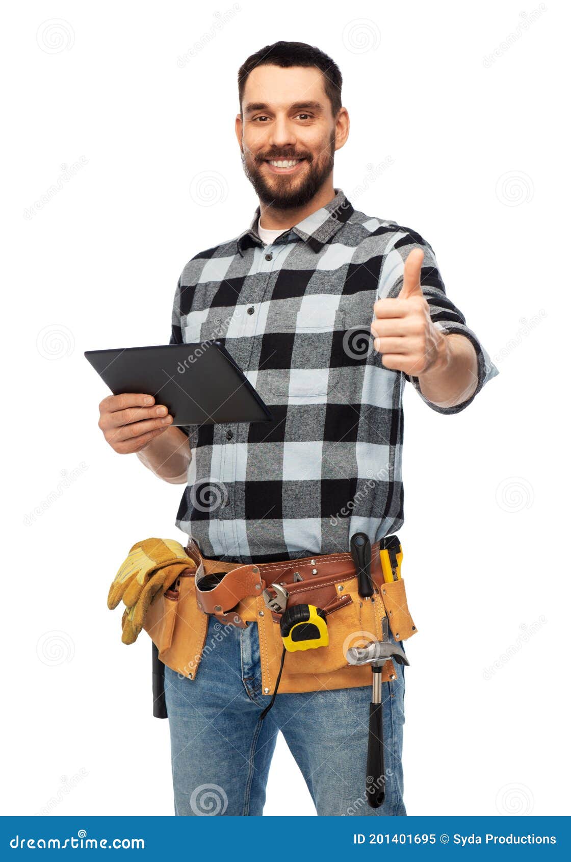 Happy Builder with Tablet Computer and Tools Stock Image - Image of ...