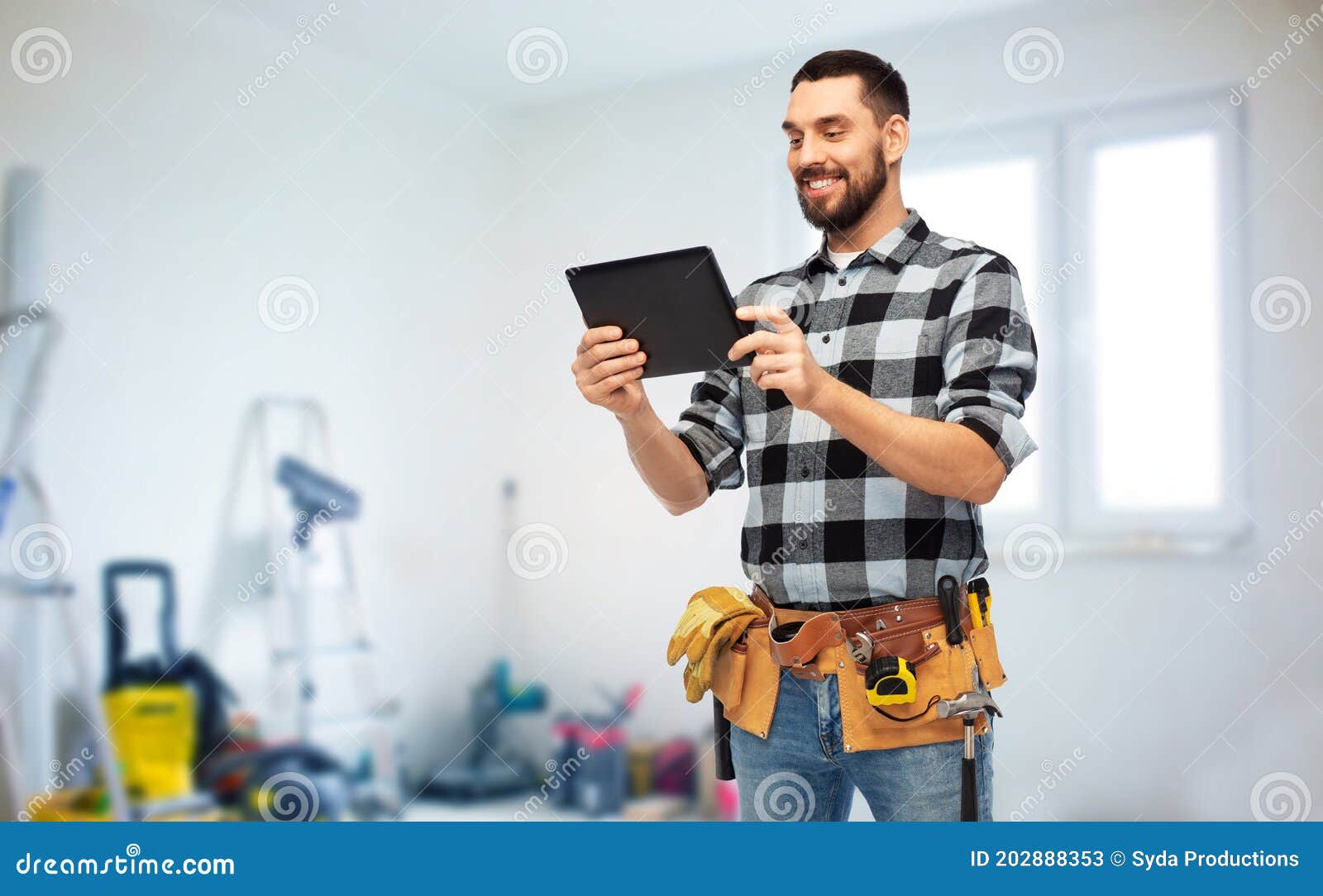 Happy Builder with Tablet Computer and Tools Stock Image - Image of ...