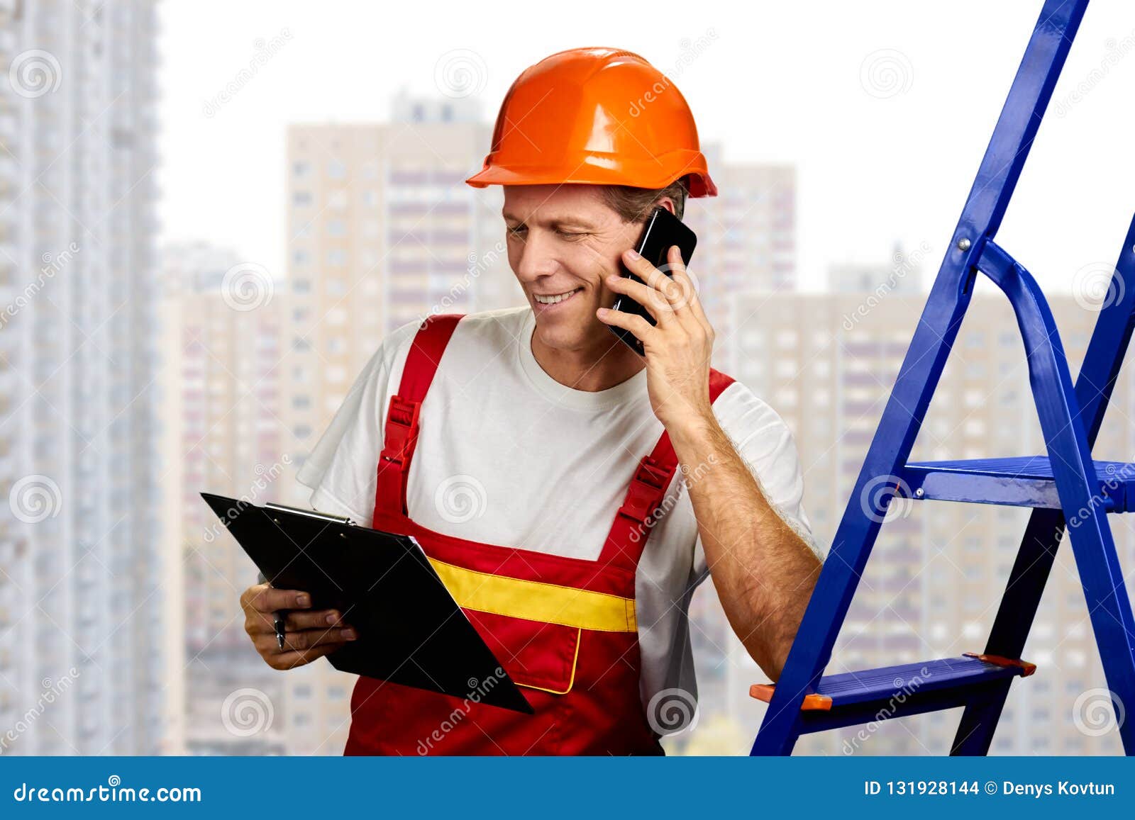 Happy Builder Talking on Phone. Stock Photo - Image of ladder, device ...