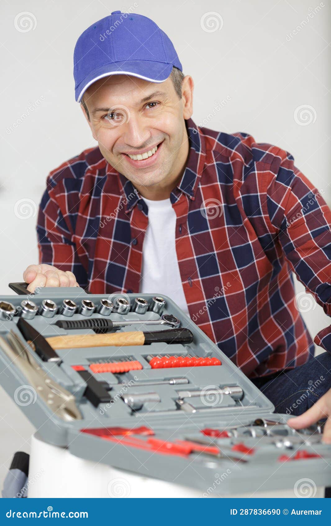 Happy Builder with Tool Box Stock Photo - Image of background, worker ...