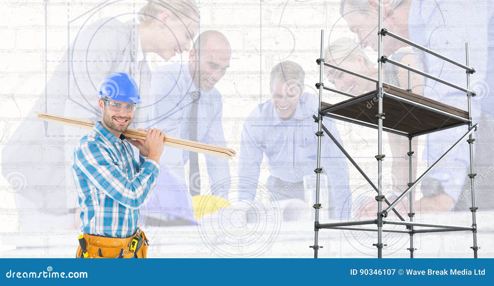 Happy Builder With Wood Beside 3D Scaffolding With Group Of Architects ...