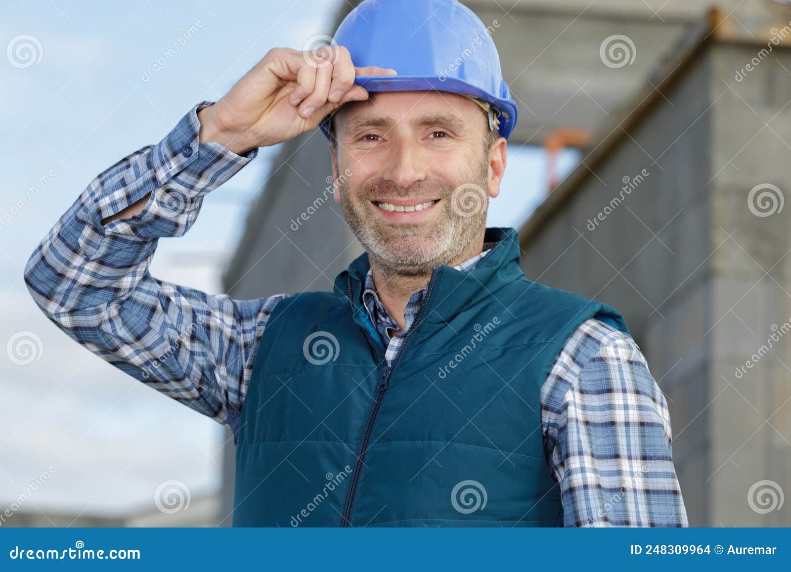 Happy Builder Worker at Construction Site Stock Photo - Image of helmet ...