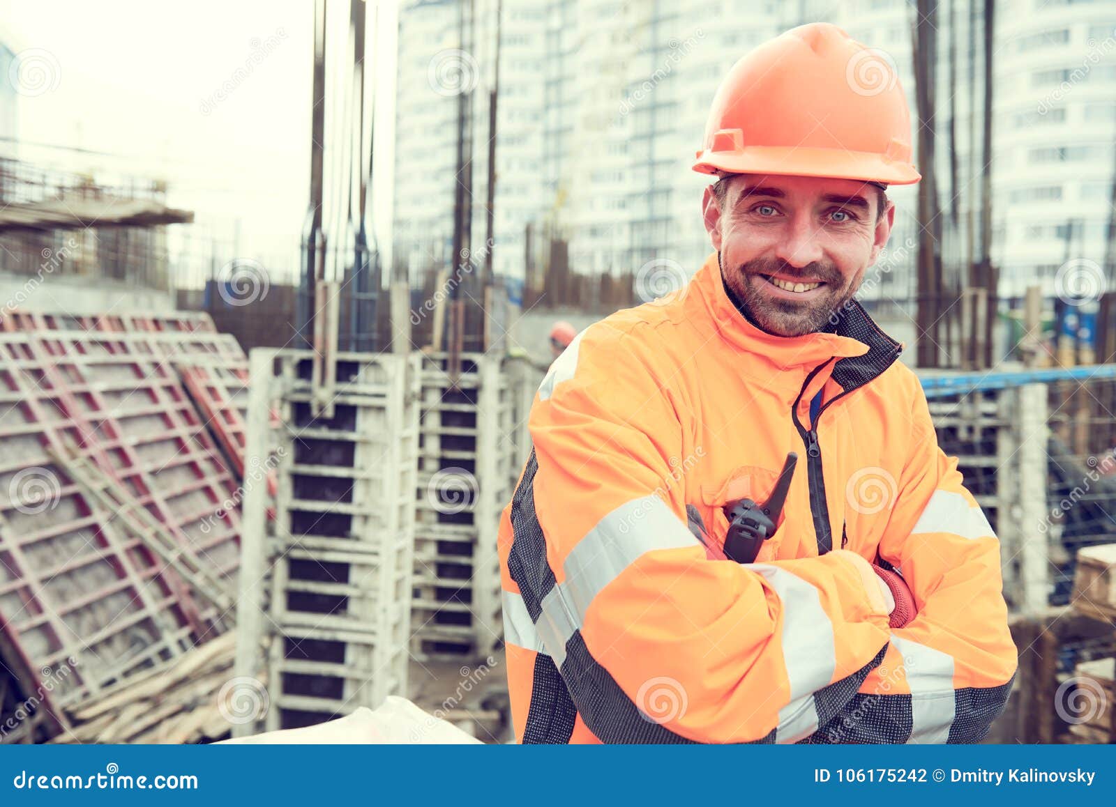 Happy Builder Worker at Construction Site Stock Photo - Image of ...