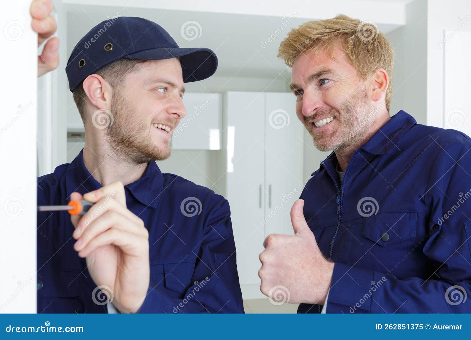 Happy Builder Workman with Colleague Stock Image - Image of repair ...