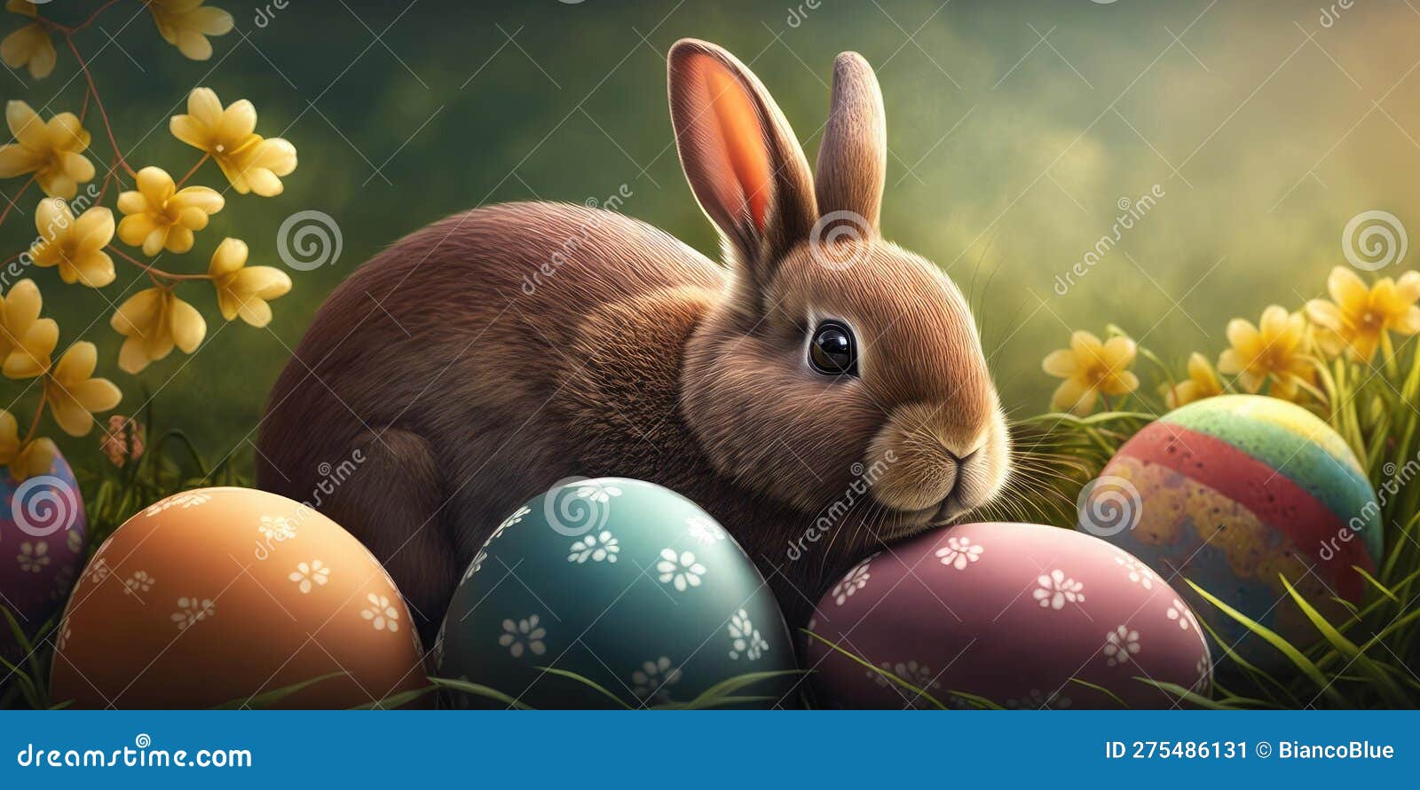 Happy Bunny Rabbit with Easter Eggs. Colorful Easter Holiday ...