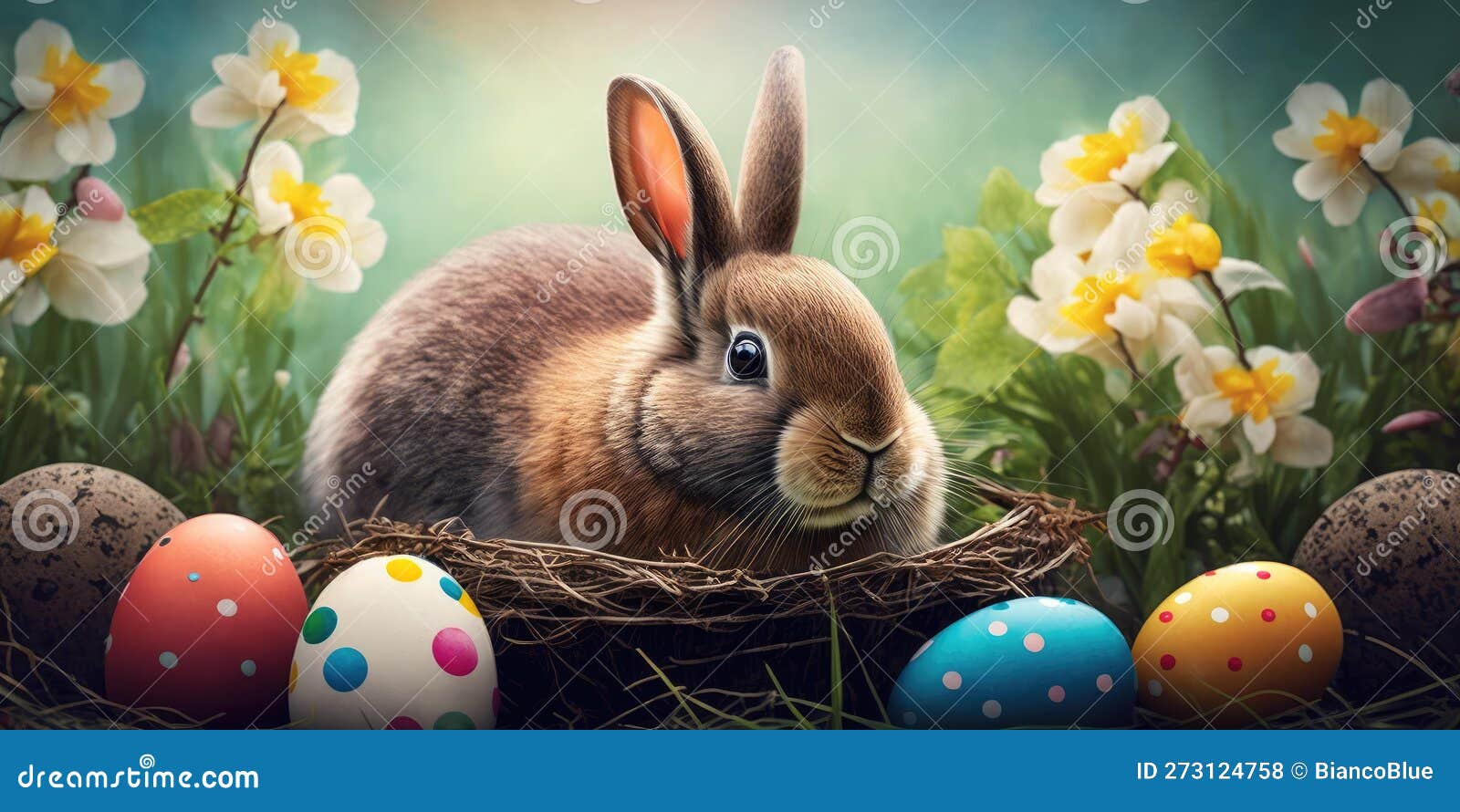 Happy Bunny Rabbit with Easter Eggs. Colorful Easter Holiday ...