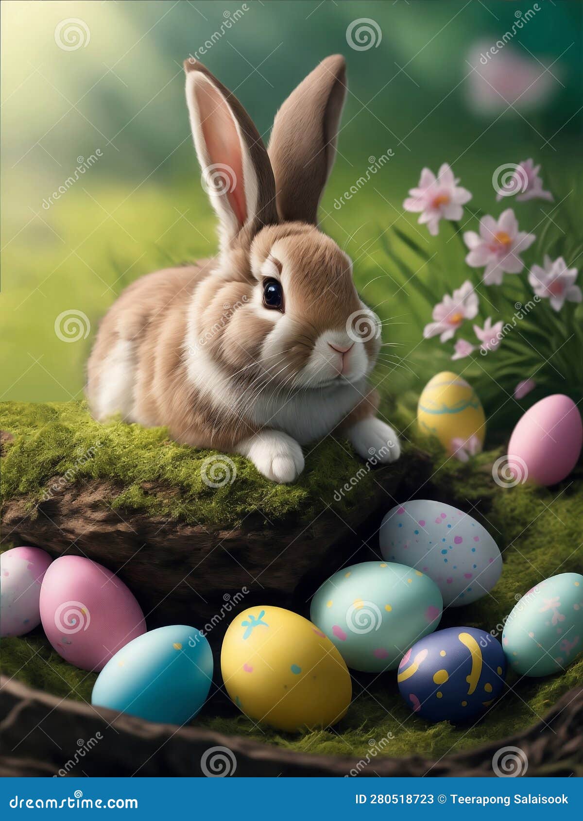 Happy Bunny Rabbits with Easter Eggs, Generative AI Illustration Stock ...