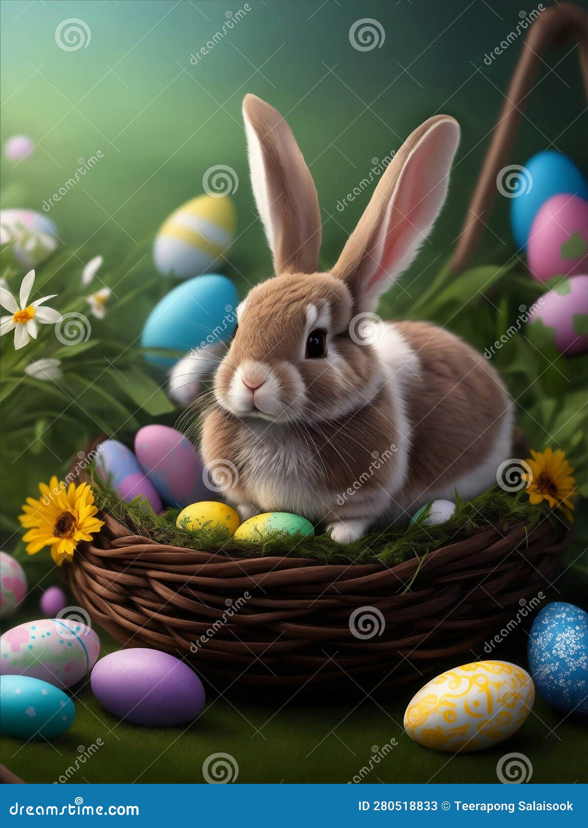 Happy Bunny Rabbits with Easter Eggs, Generative AI Illustration Stock ...