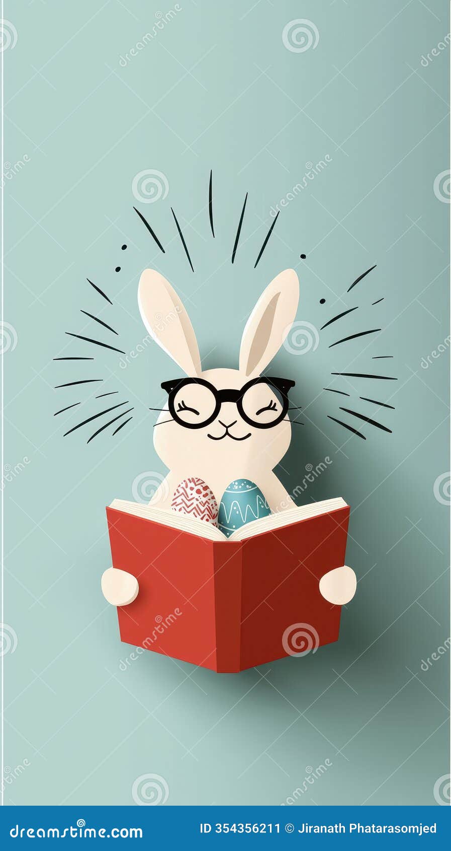 Happy Bunny Reading Book with Colorful Easter Eggs, Celebrating ...