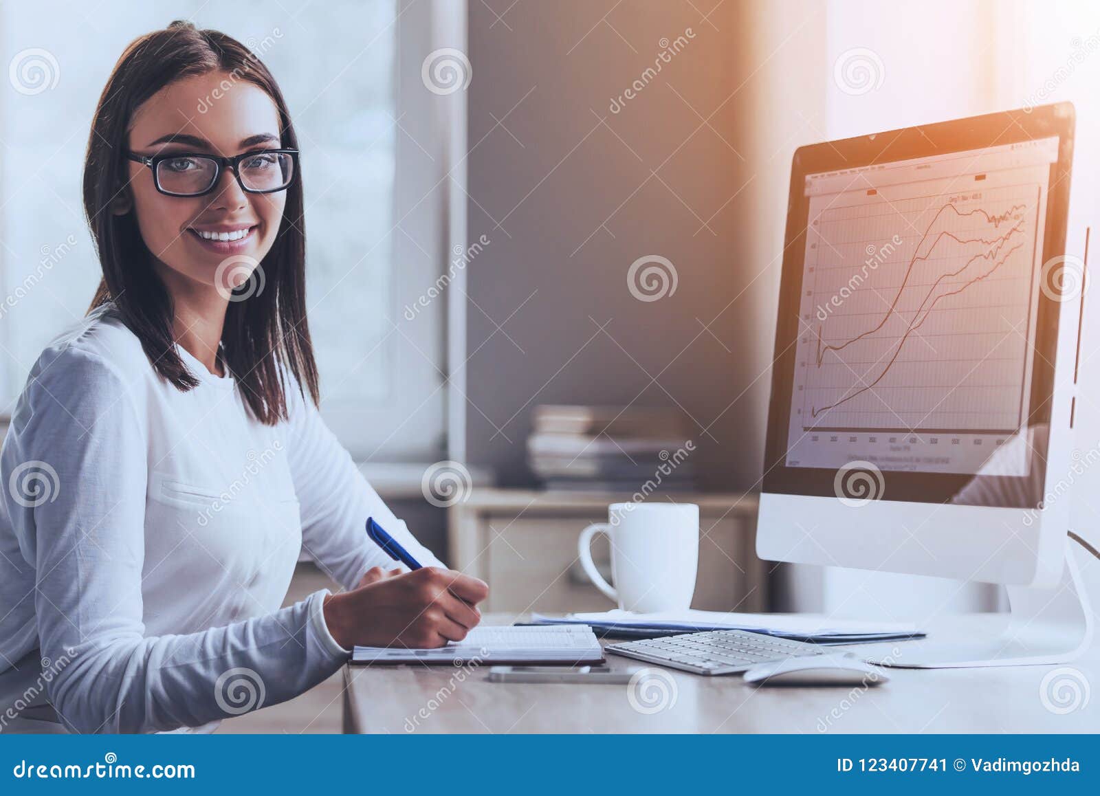 Happy Business Lady Using Computer in Office. Stock Image - Image of ...