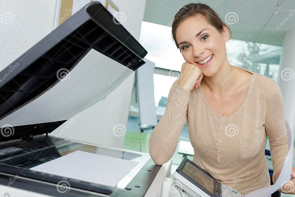 Happy Business Lady Using Copier Machine Stock Image - Image of ...