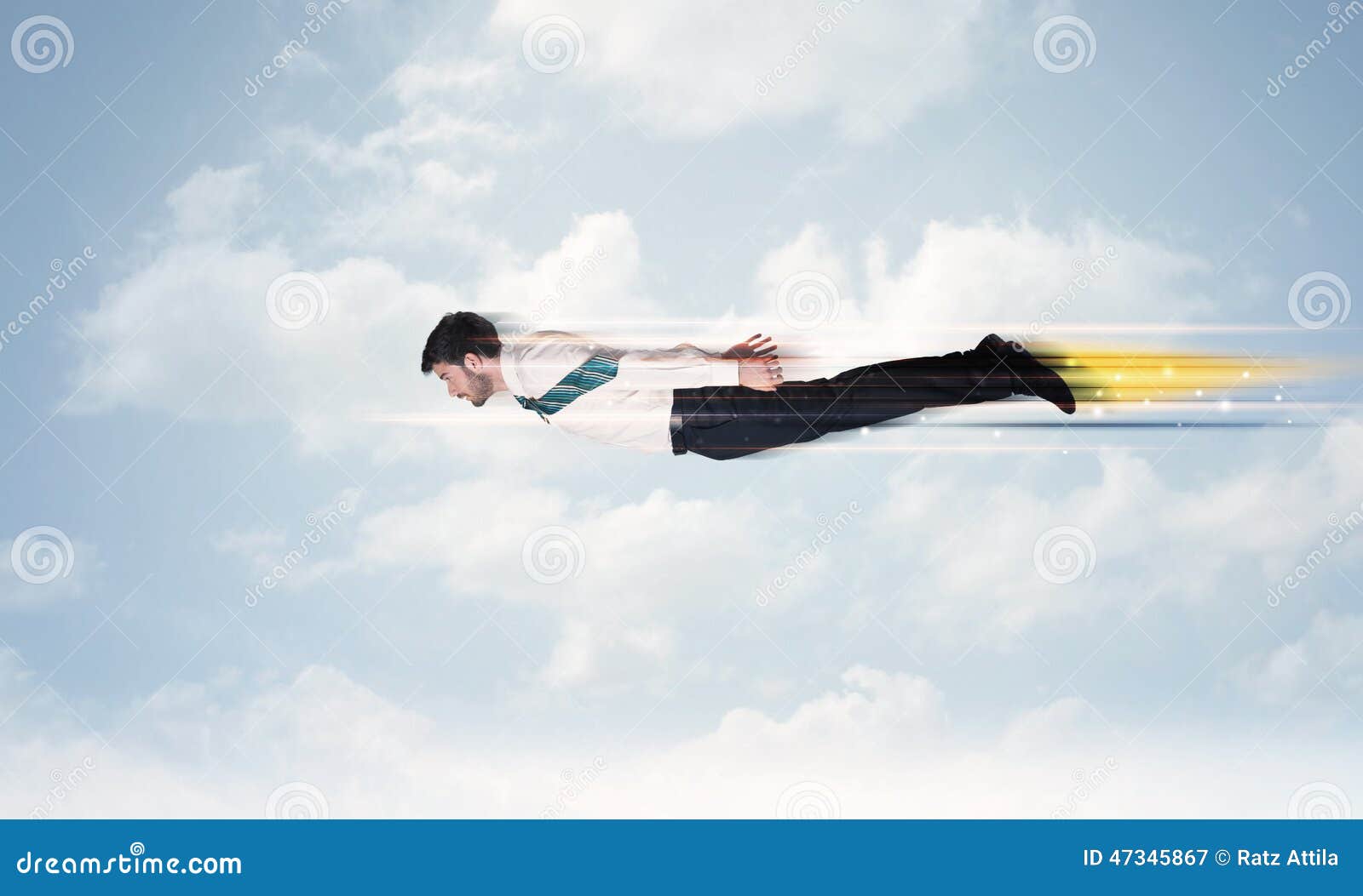 Happy Business Man Flying Fast on the Sky between Clouds Stock Image ...