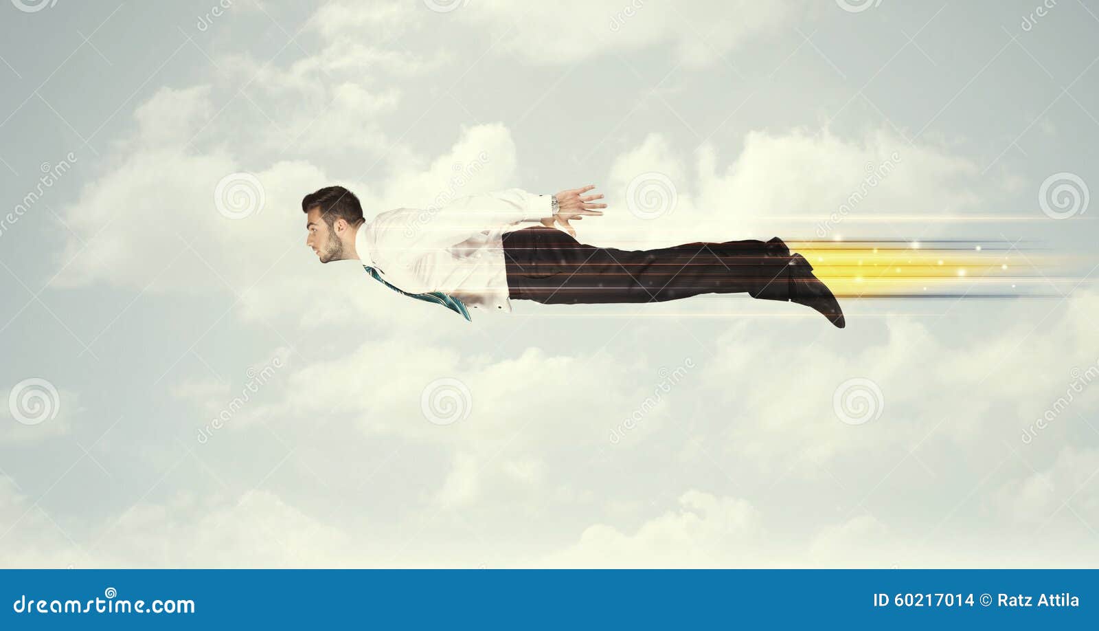 Happy Business Man Flying Fast on the Sky between Clouds Stock Photo ...