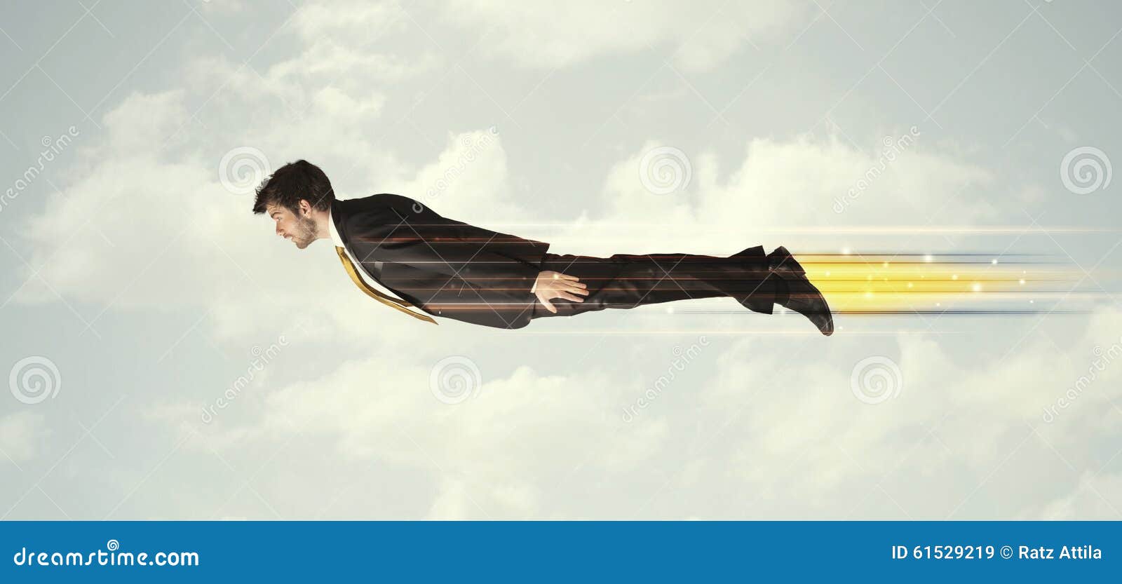 Happy Business Man Flying Fast on the Sky between Clouds Stock Image ...
