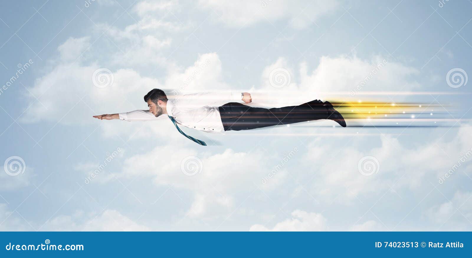 Happy Business Man Flying Fast on the Sky between Clouds Stock Image ...