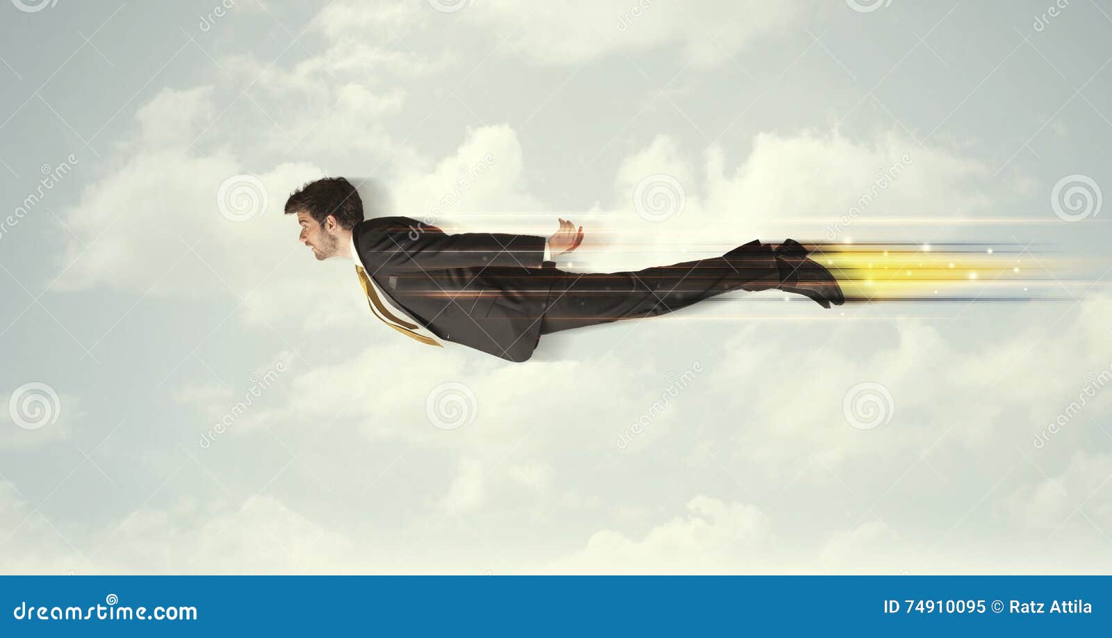 Happy Business Man Flying Fast on the Sky between Clouds Stock Image ...