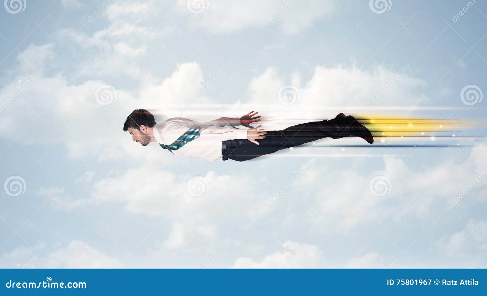 Happy Business Man Flying Fast on the Sky between Clouds Stock Image ...