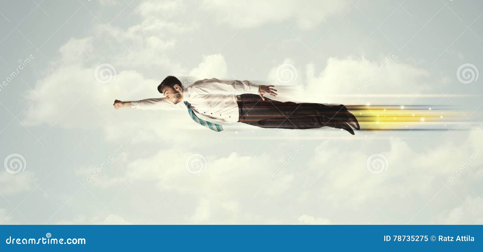 Happy Business Man Flying Fast on the Sky between Clouds Stock ...