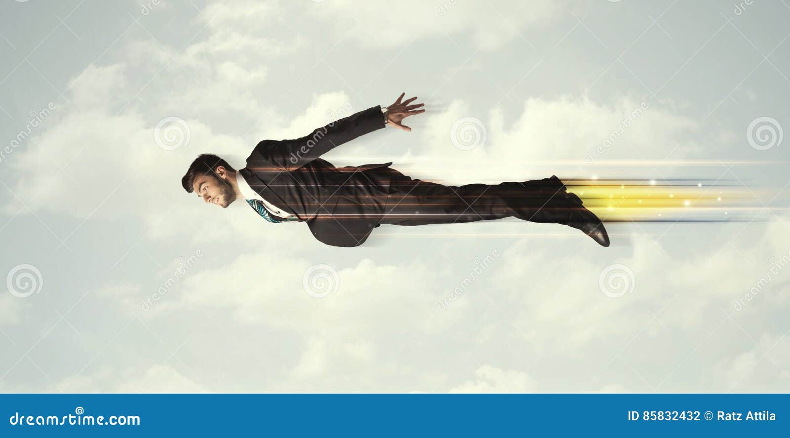 Happy Business Man Flying Fast on the Sky between Clouds Stock Photo ...