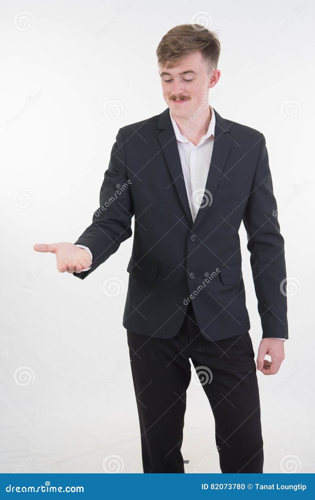 Happy Business Man Giving Presentation on White Background Stock Photo ...