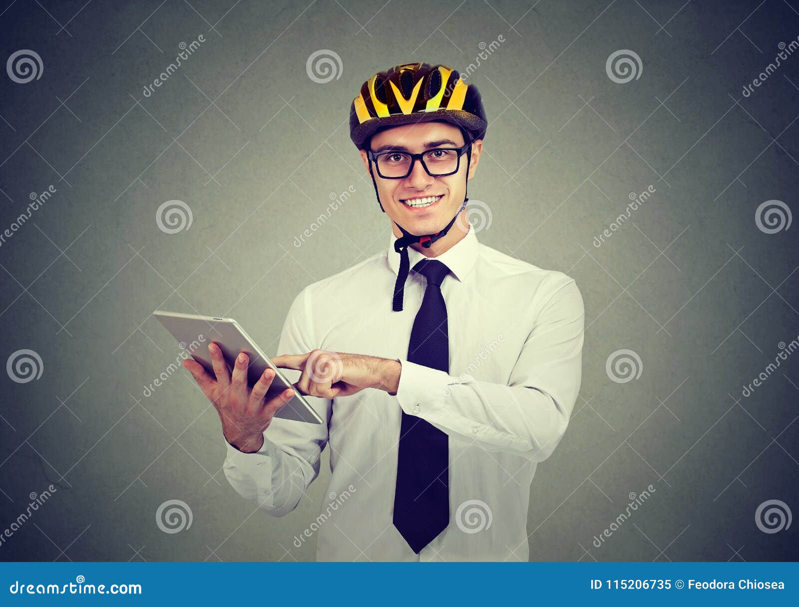 Happy Business Man in Helmet Using Tablet Computer Stock Image - Image ...