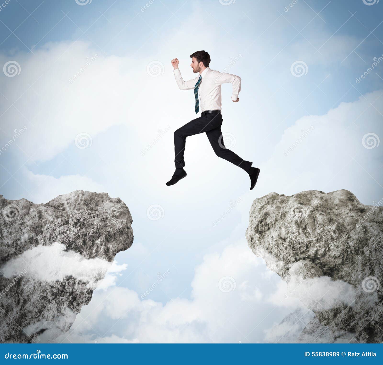 Happy Business Man Jumping Over a Cliff Stock Image - Image of cloud ...