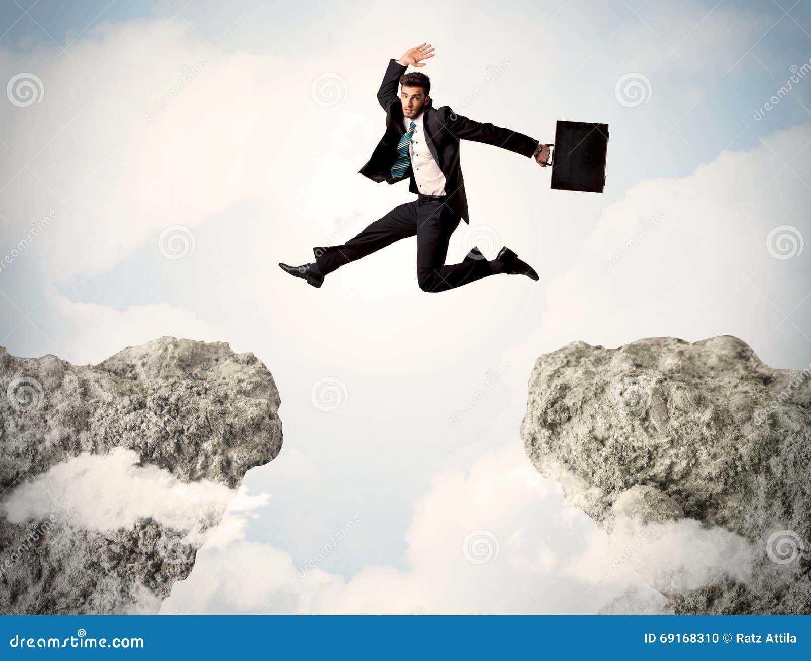Happy Business Man Jumping Over a Cliff Stock Photo - Image of earn ...