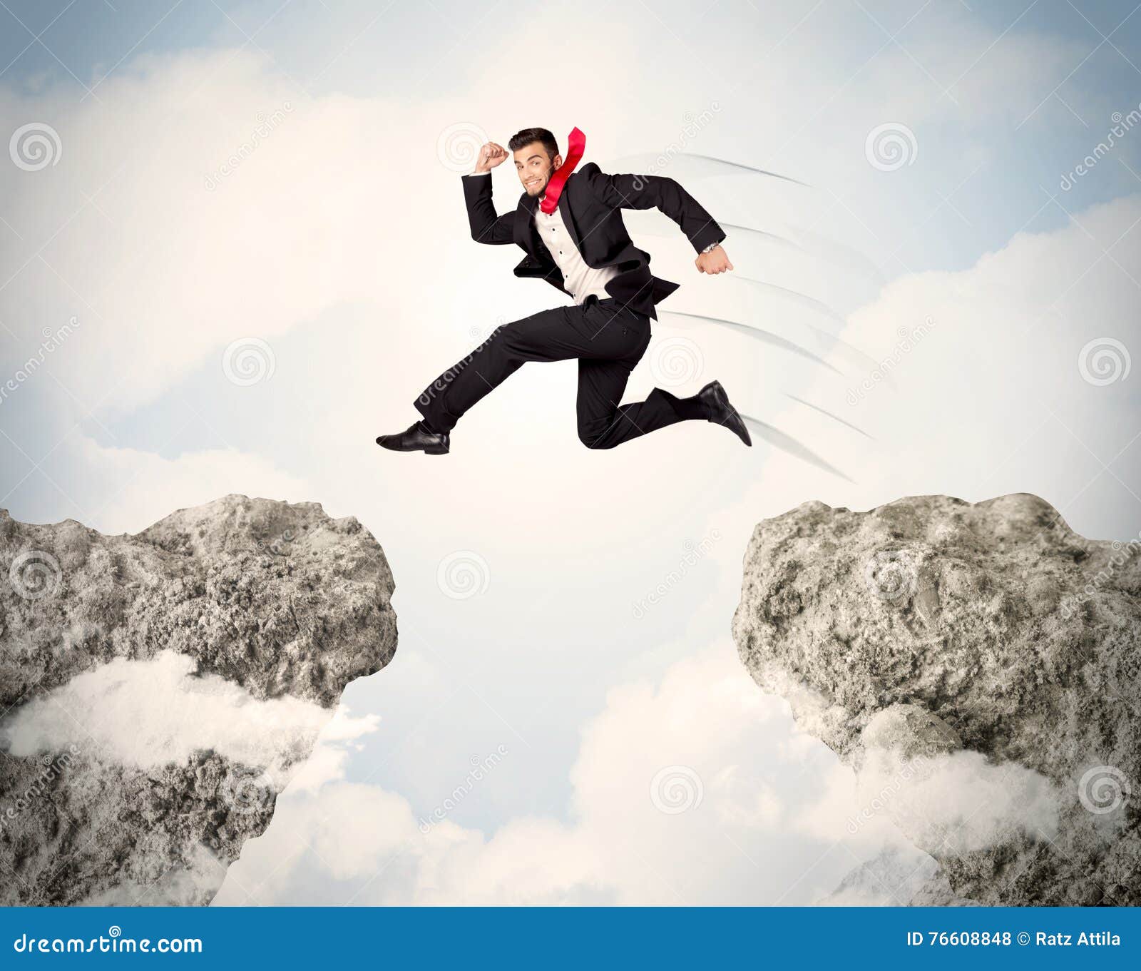 Happy Business Man Jumping Over a Cliff Stock Photo - Image of ...
