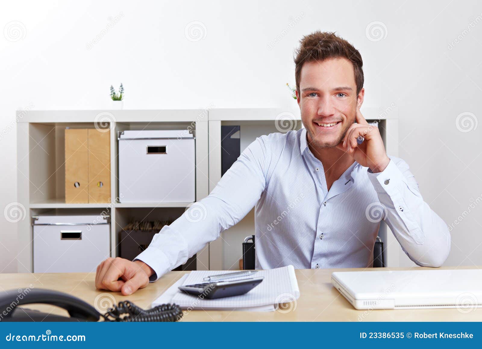 Happy Business Man in Office at Stock Image - Image of hands, files ...