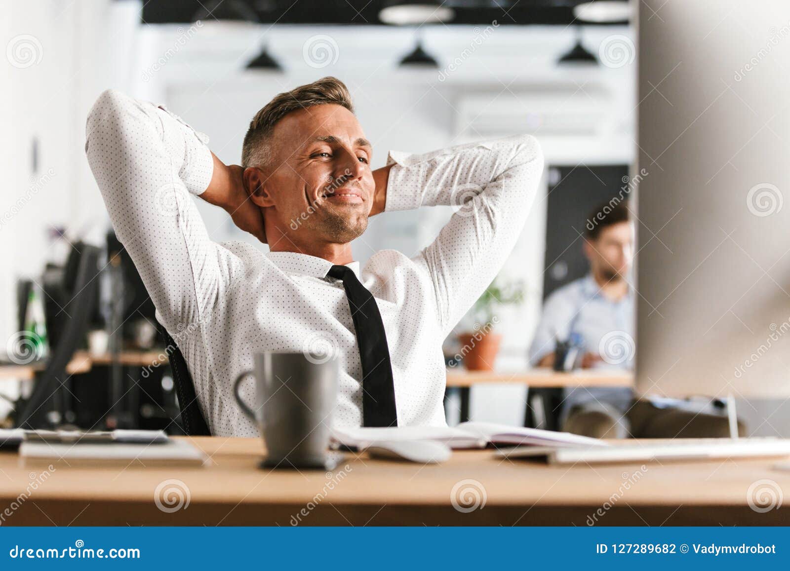 Happy Business Man Sitting in Office Working with Computer Have a Rest ...
