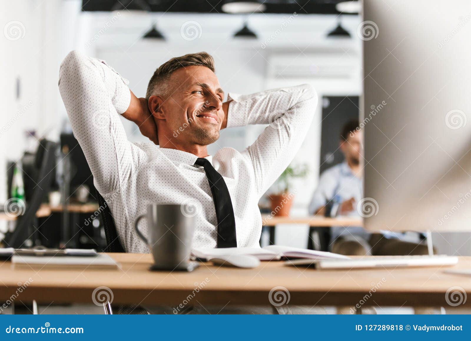 Happy Business Man Sitting in Office Working with Computer Have a Rest ...