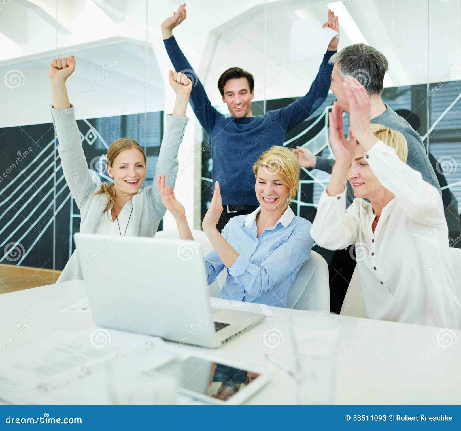 Happy Business People Cheering in Office Stock Image - Image of ...