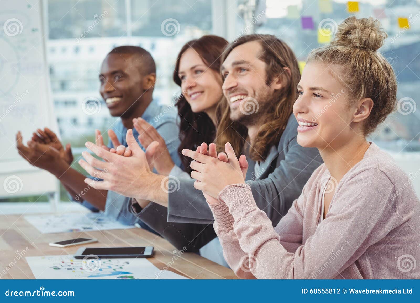 Happy Business People Clapping at Desk Stock Photo - Image of designer ...