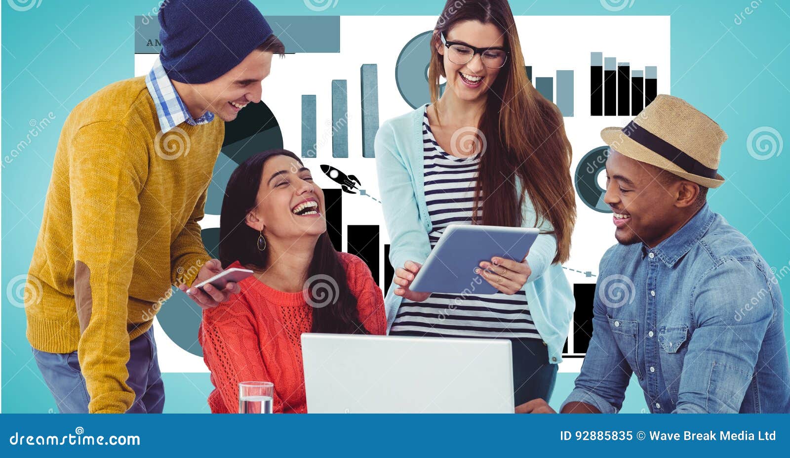 Happy Business People with Technologies Against Graphs Stock Image ...