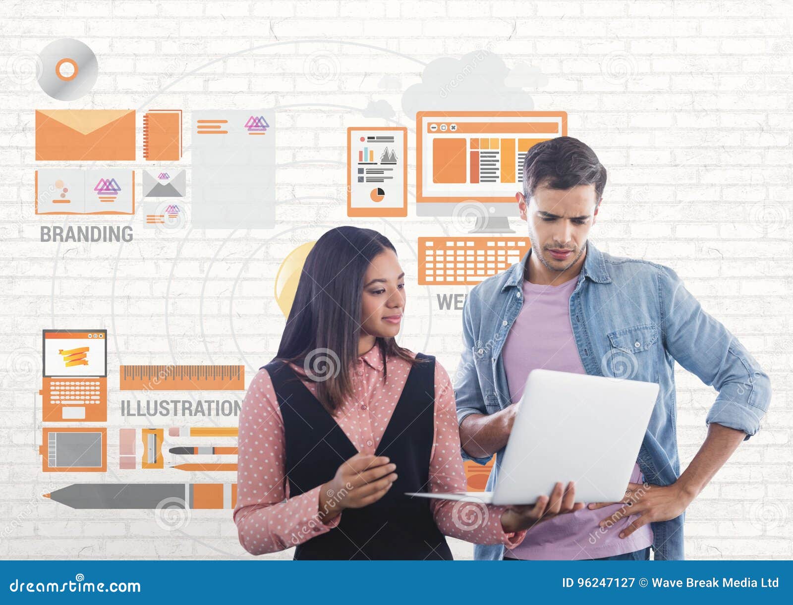 Happy Business People Using a Computer Against White Wall with Graphics ...