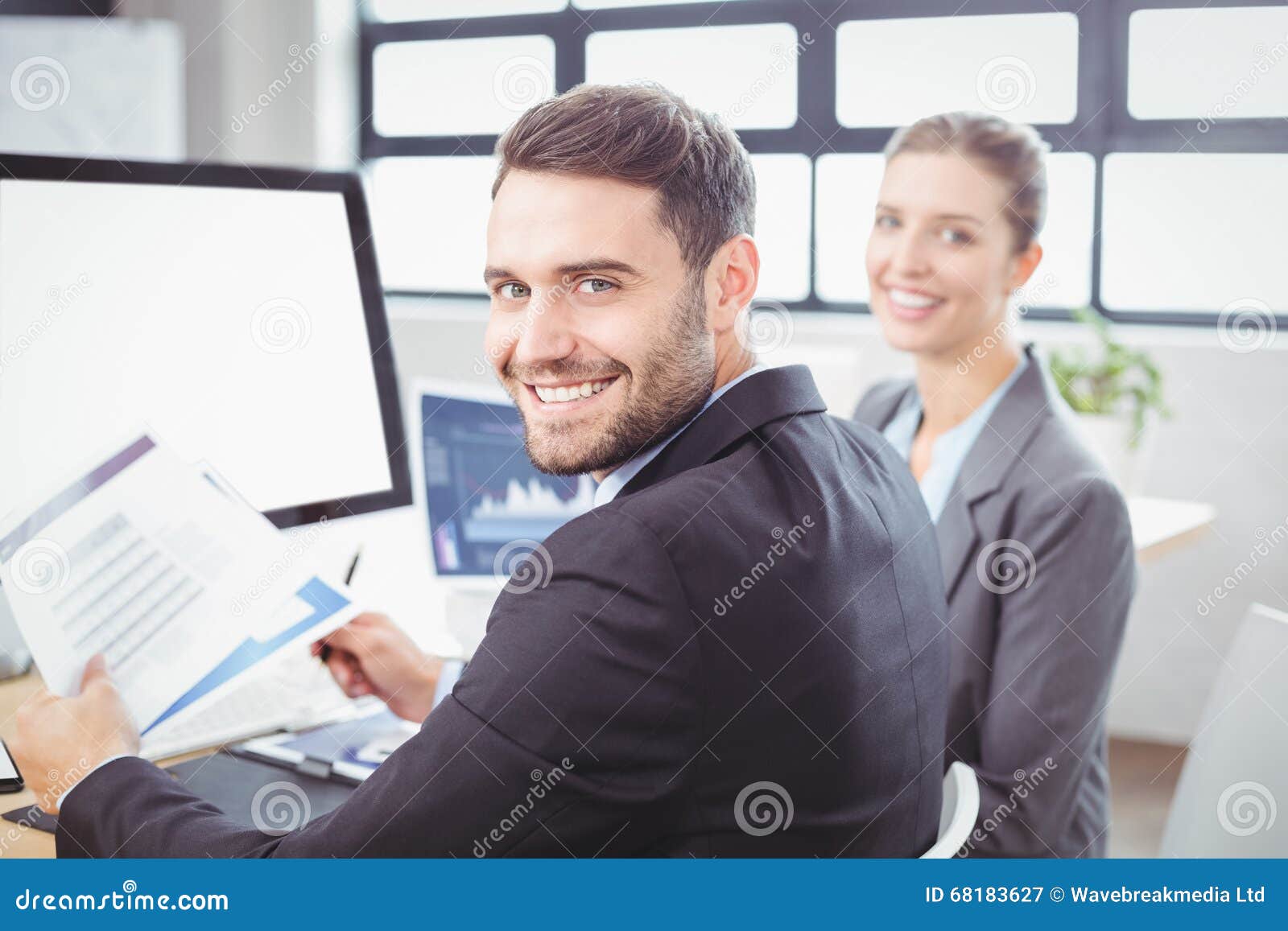Happy Business People Working at Computer Desk Stock Image - Image of ...