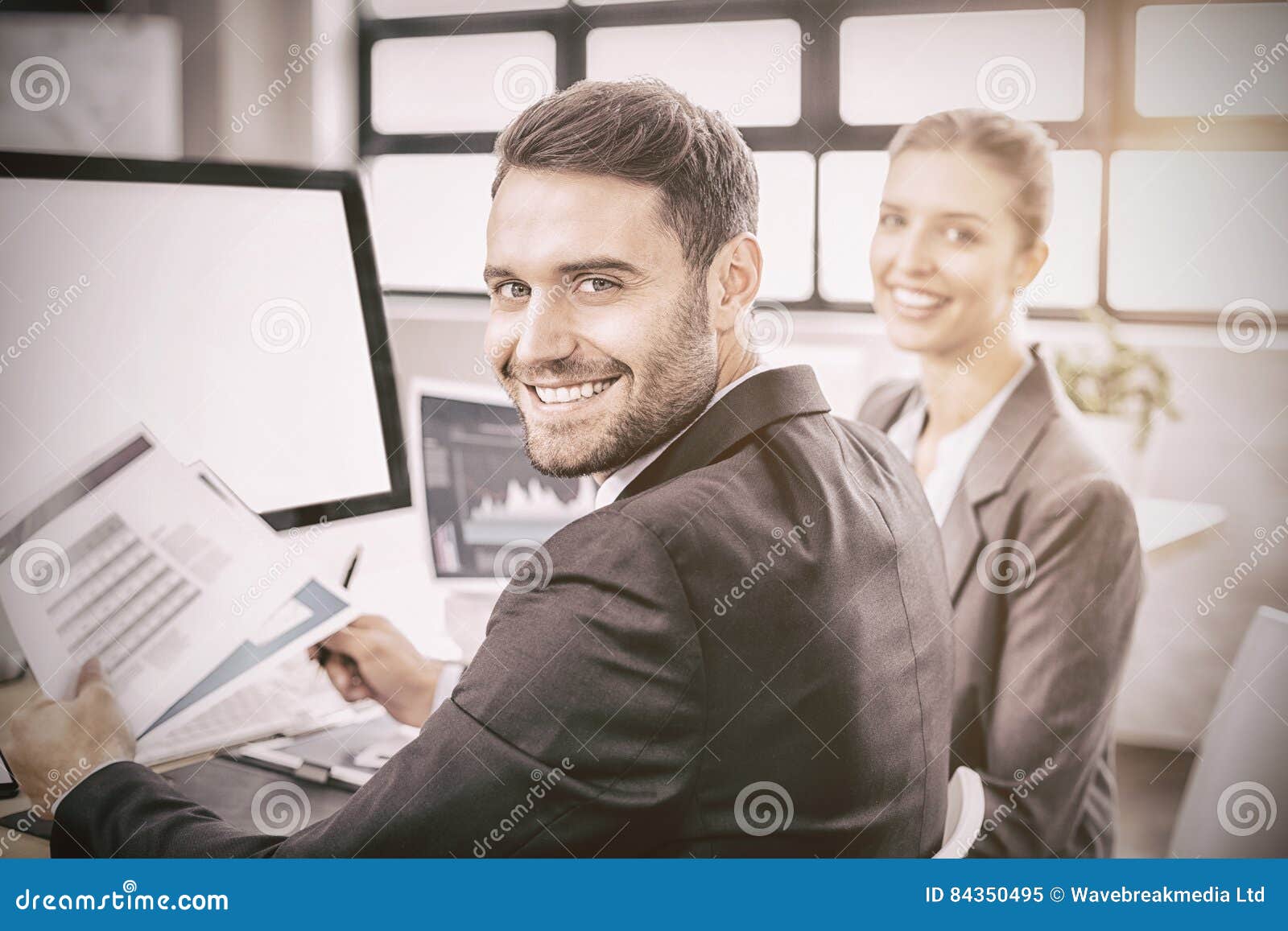 Happy Business People Working at Computer Desk Stock Image - Image of ...