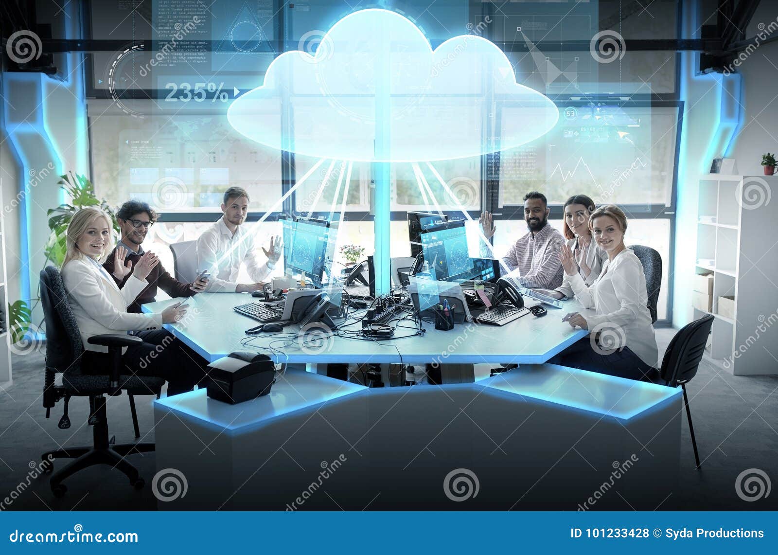 Happy Business Team with Cloud Computing Hologram Stock Photo - Image ...