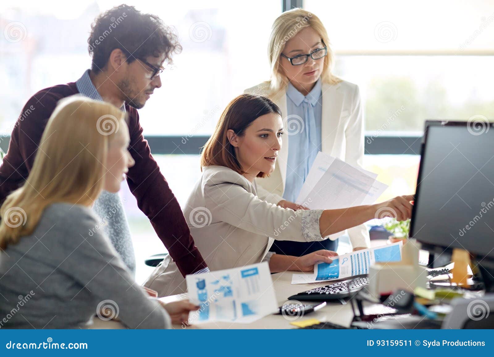 Happy Business Team with Computer in Office Stock Image - Image of ...