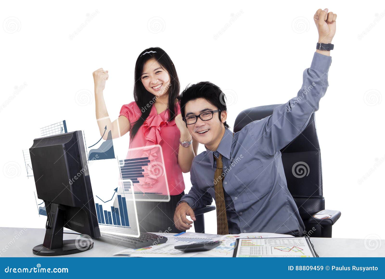 Happy Business Team with Virtual Growth Chart Stock Image - Image of ...
