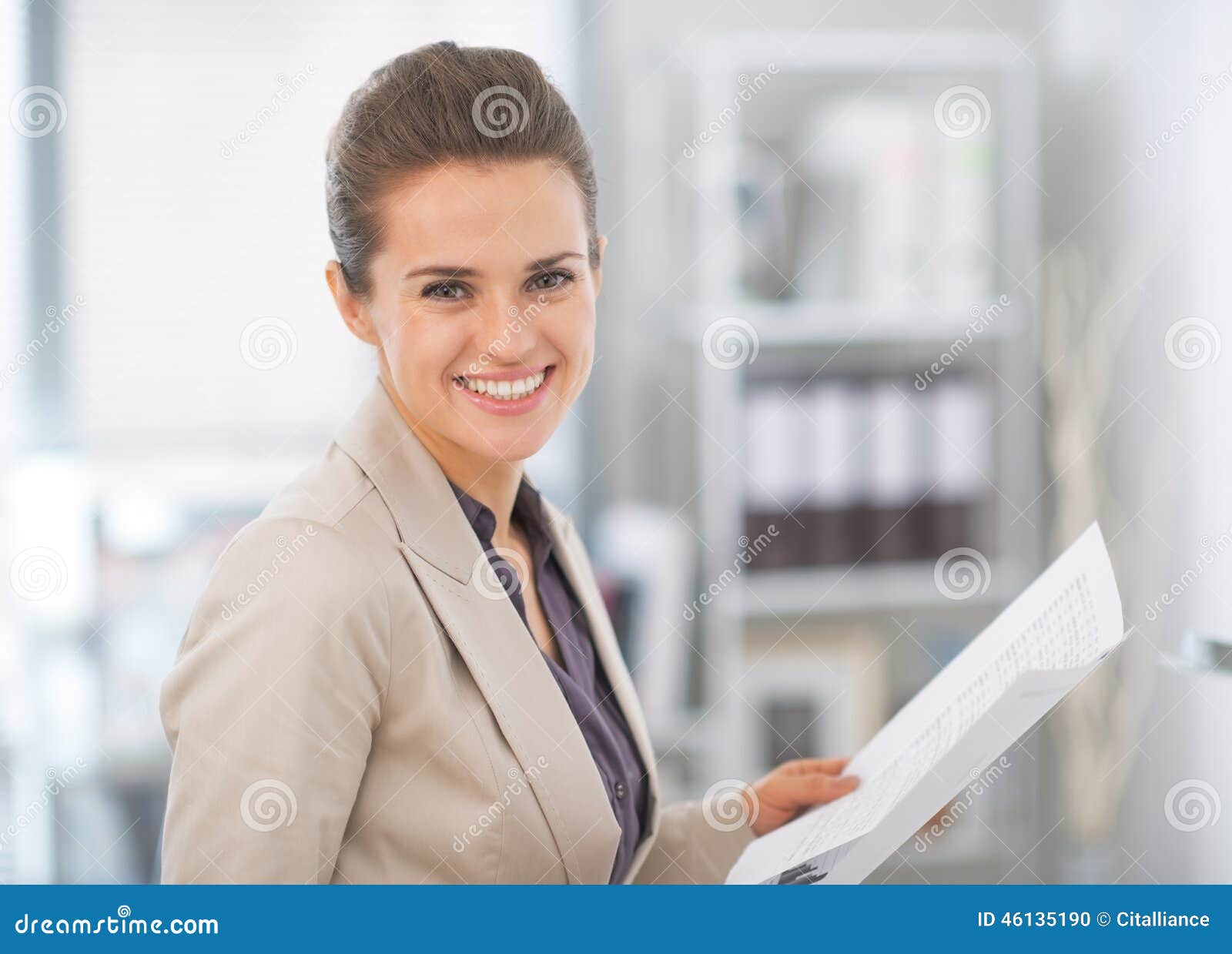 Happy Business Woman with Documents in Office Stock Photo - Image of ...