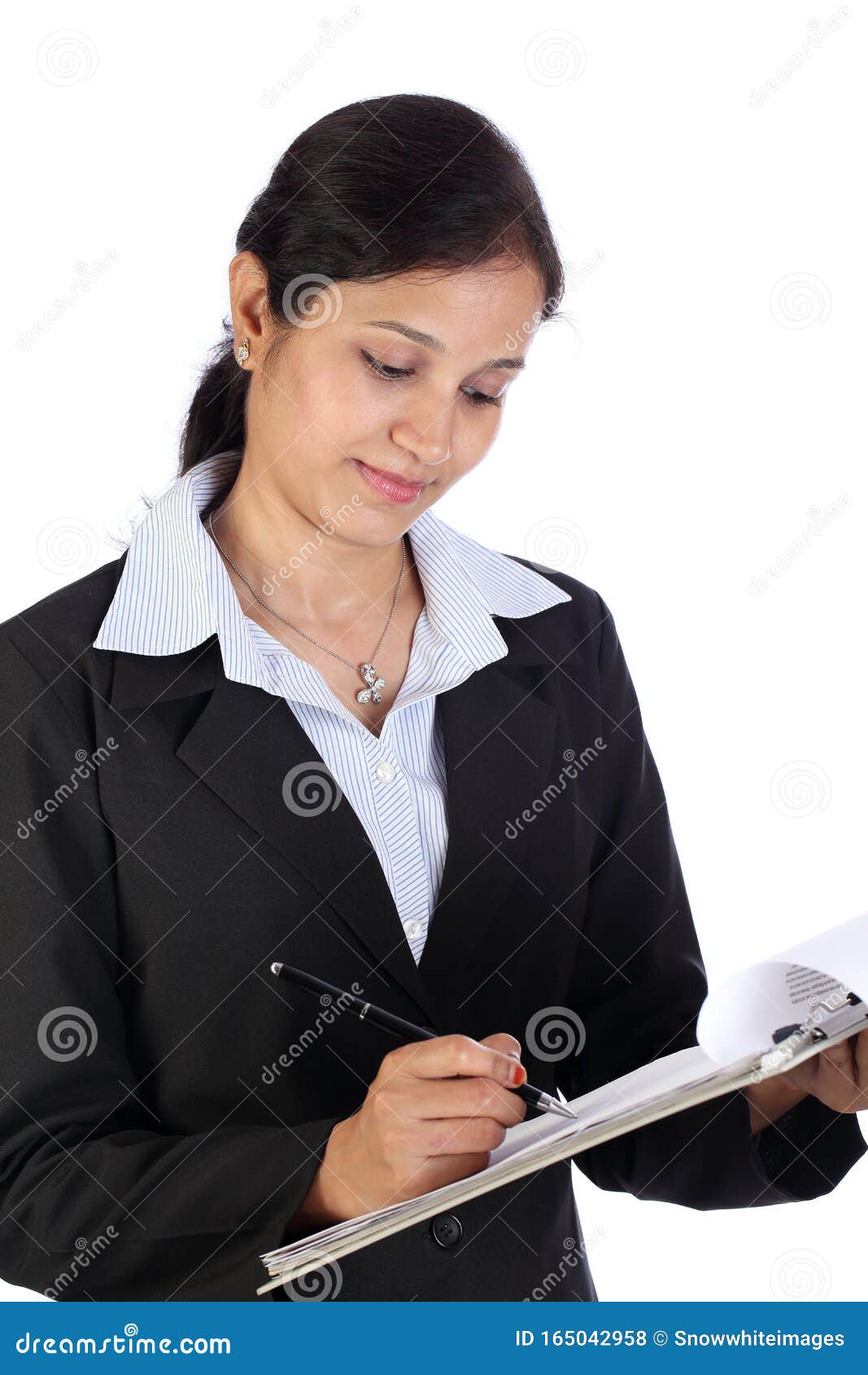 Happy Business Woman Holding Clipboard Against White Background Stock ... Happy Business Woman Holding Clipboard Against White Background Stock ...