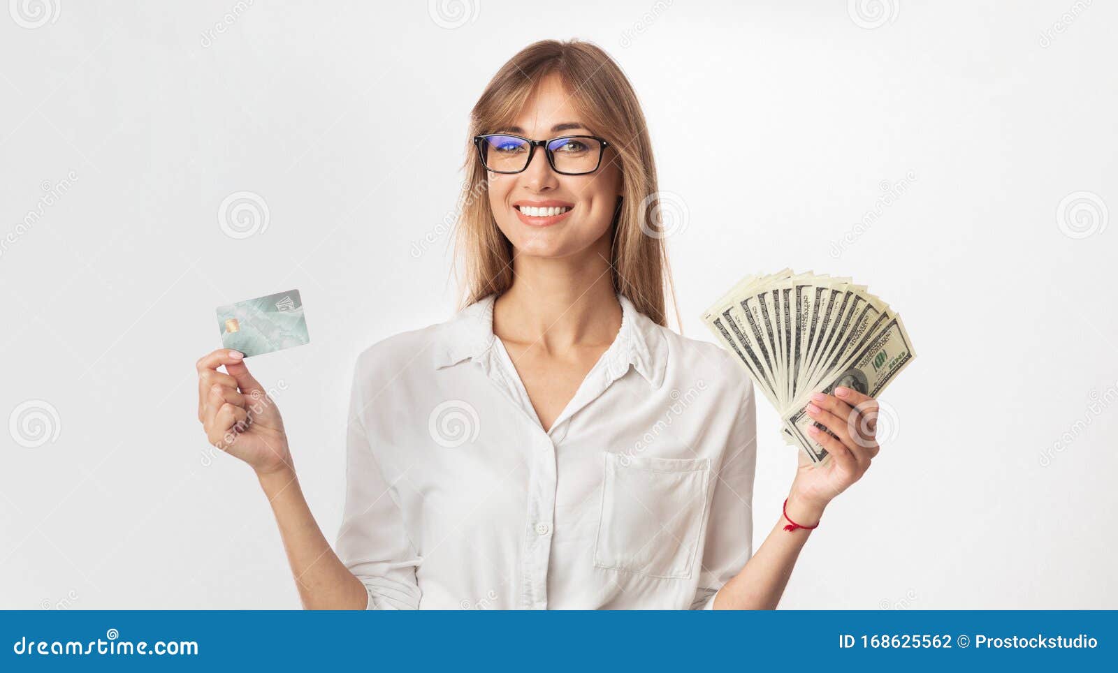 Happy Business Woman Holding Money and Credit Card, Studio Shot ... Happy Business Woman Holding Money and Credit Card, Studio Shot ...