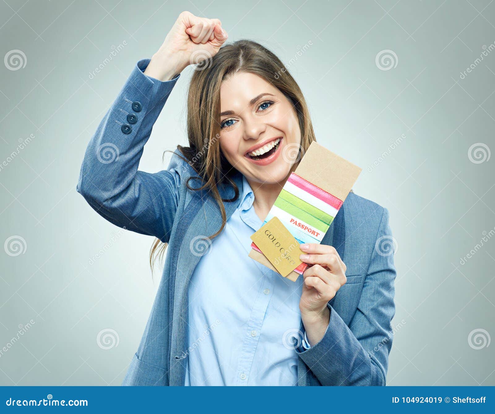 Happy Business Woman Holding Passport, Credit Card and Ticket. Stock ... Happy Business Woman Holding Passport, Credit Card and Ticket. Stock ...