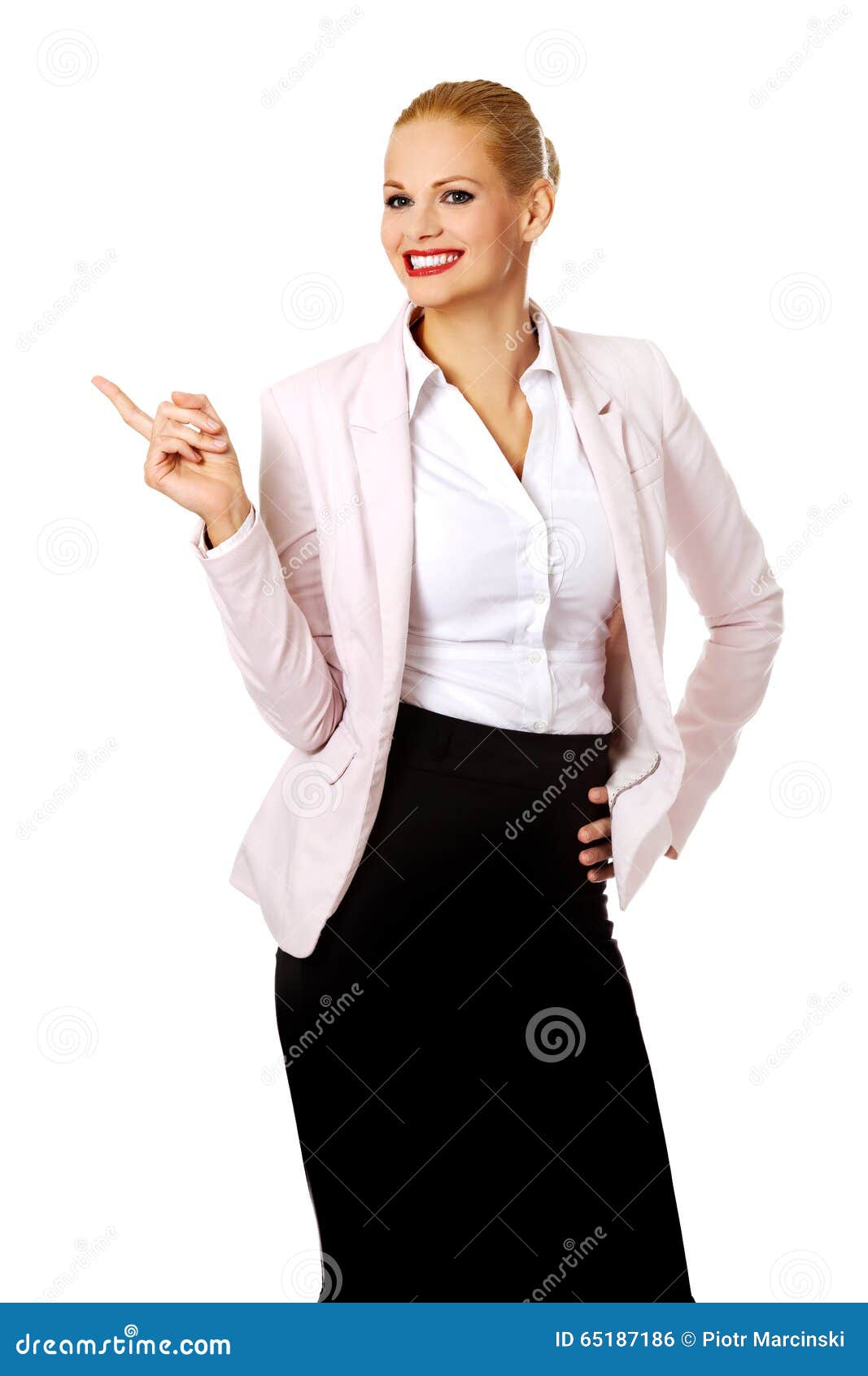 Happy Business Woman Pointing at Copyspace or Something Stock Photo ...