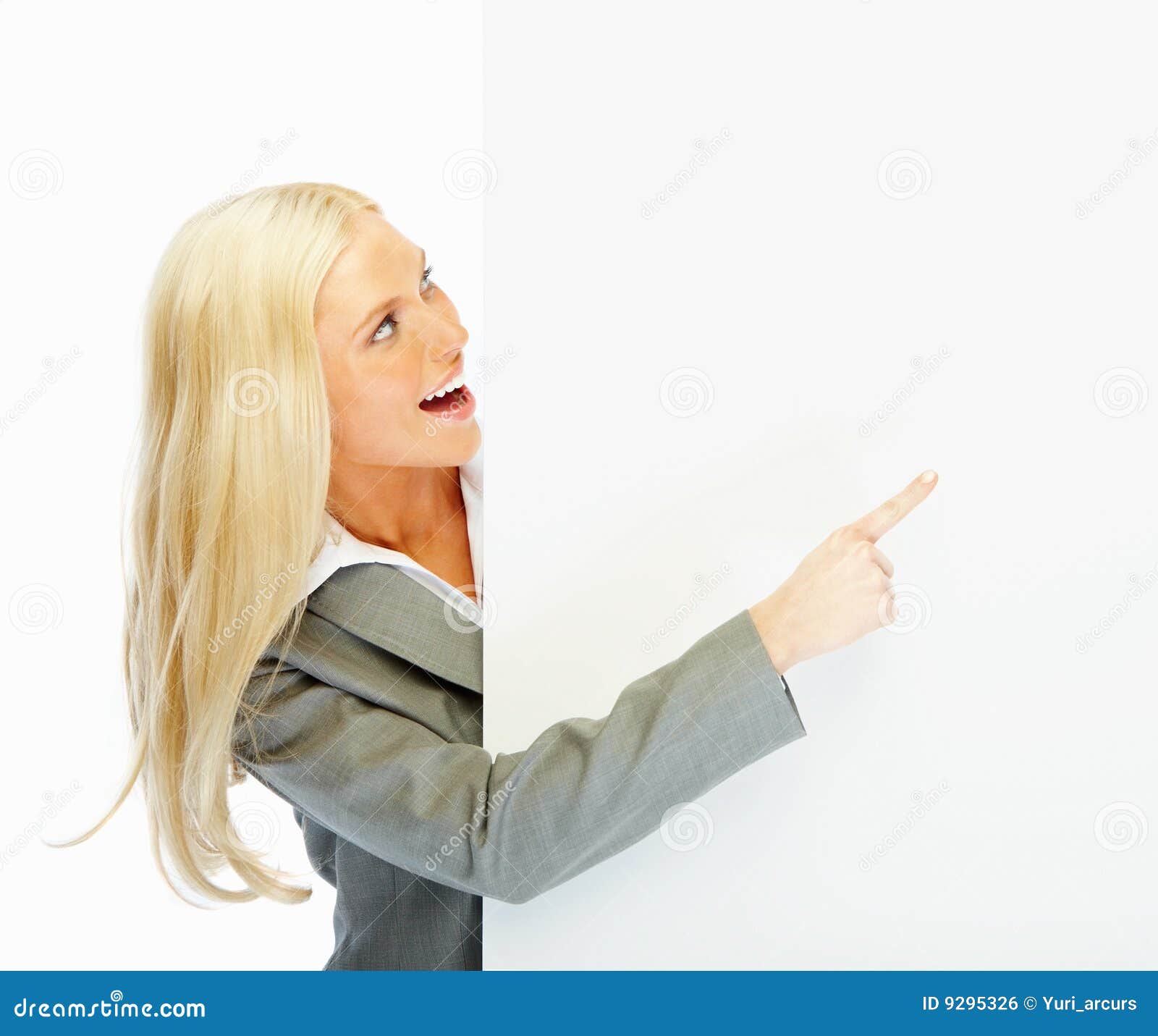 Happy Business Woman Pointing at Empty Billboard Stock Photo - Image of ...