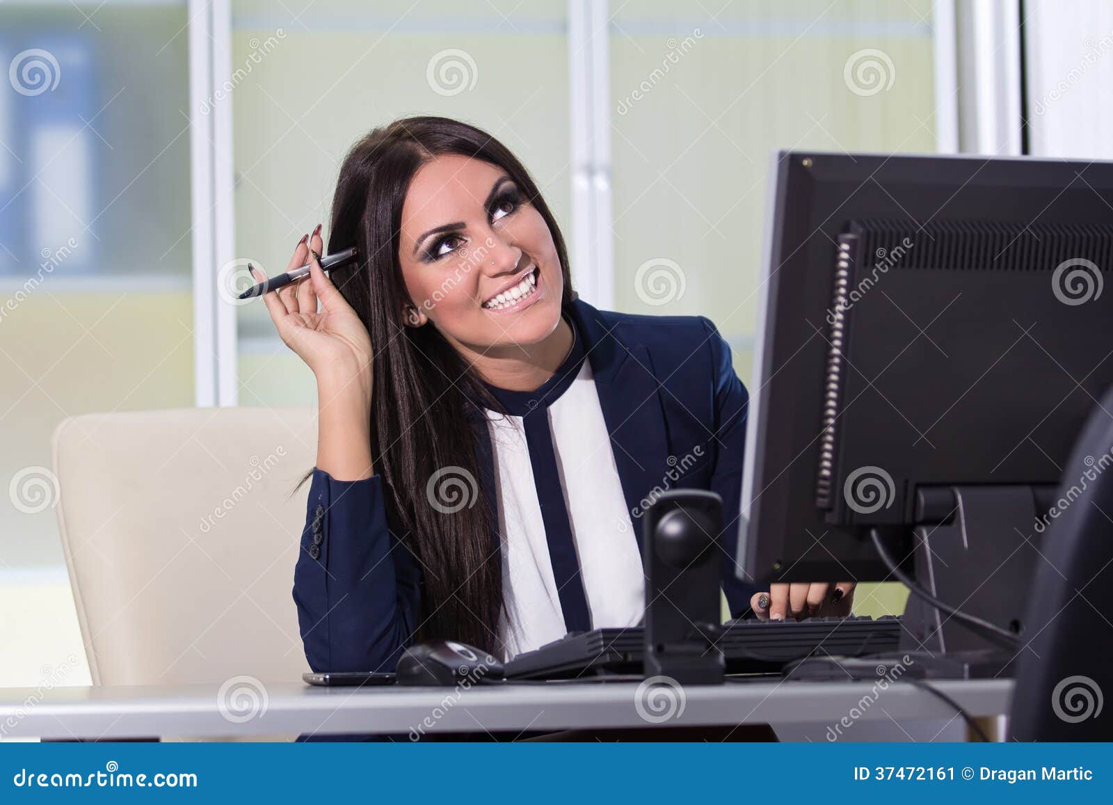 Happy Business Woman Working on a Computer Stock Image - Image of ...