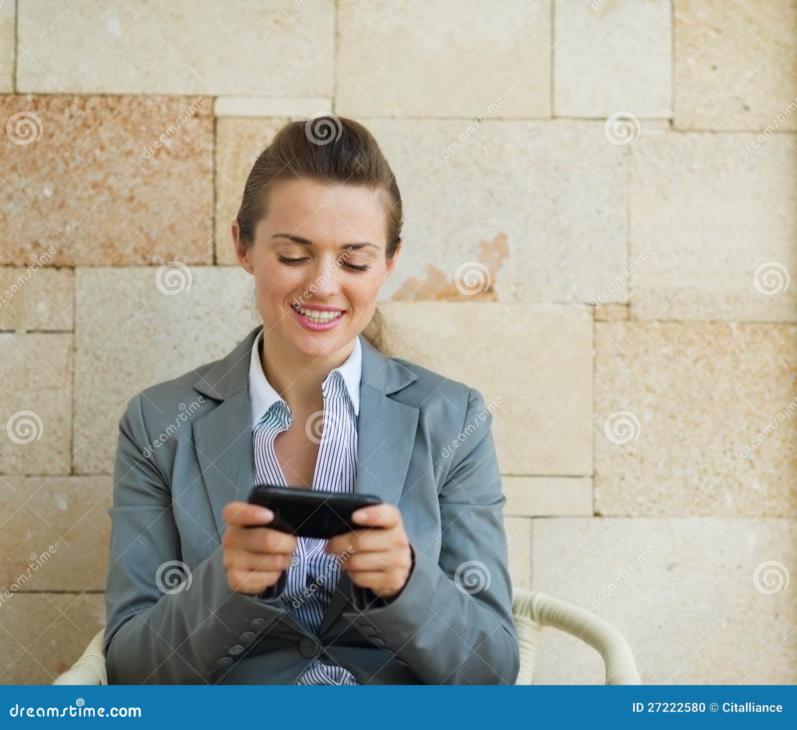 Happy Business Woman Writing Text Message Stock Photo - Image of read ...