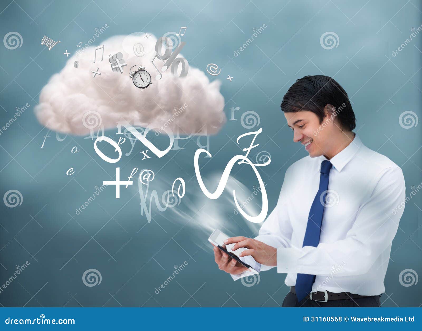 Happy Businessman Connecting To Cloud Computing Stock Illustration ...