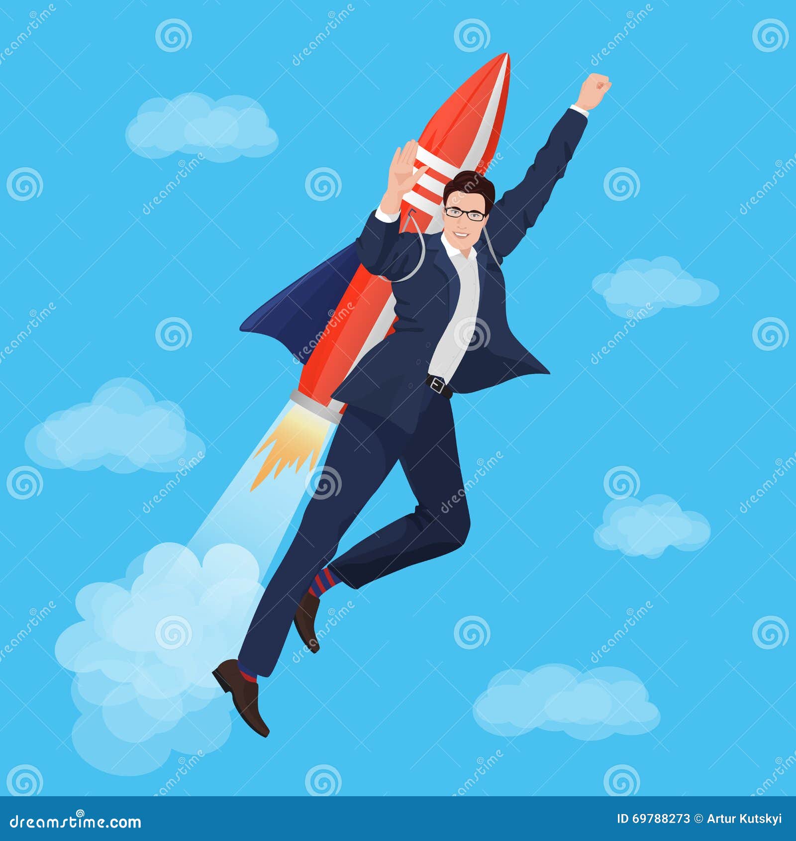 Happy Businessman Flying with Rocket Backpack. Vector Illustration ...